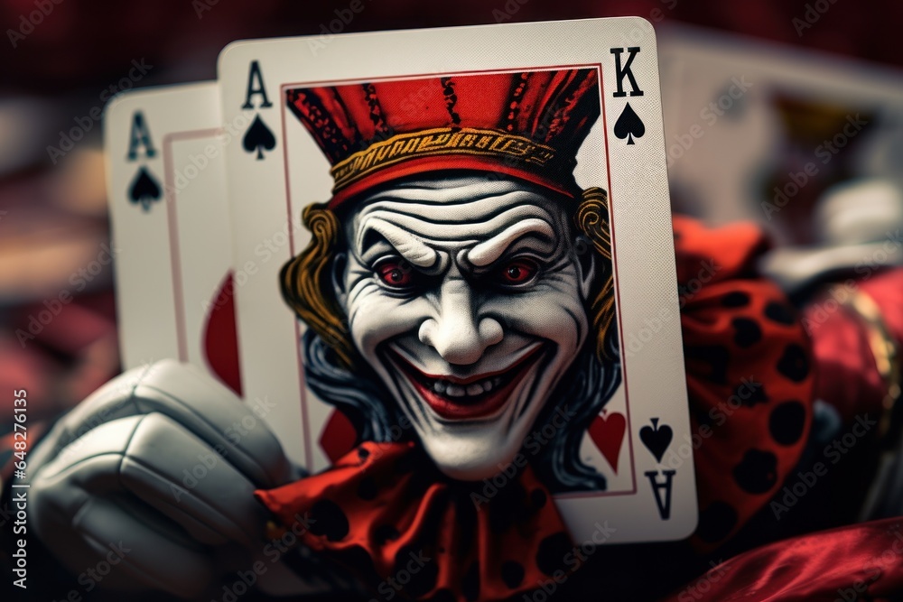 A close-up view of a playing card featuring a clown face. This image ...