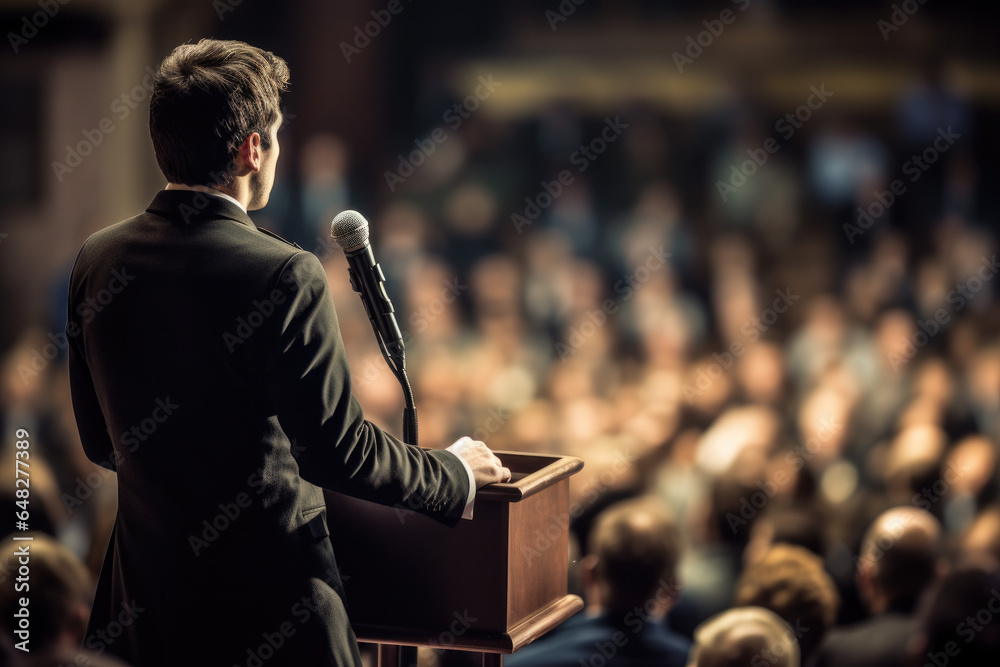 Public speaker addressing a captivated audience, conveying effective ...