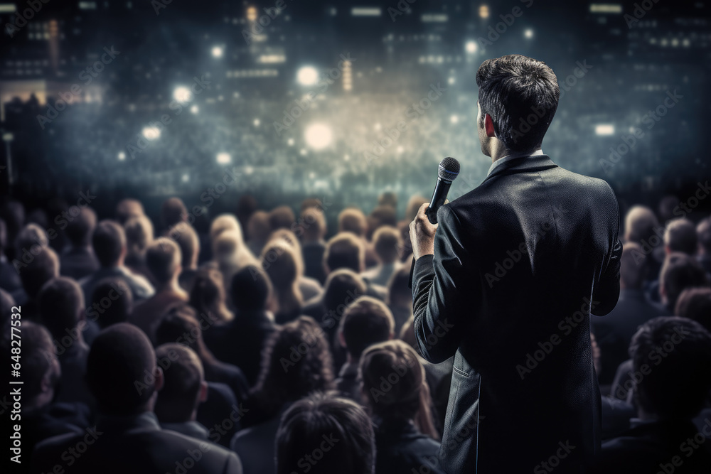 Public speaker addressing a captivated audience, conveying effective ...