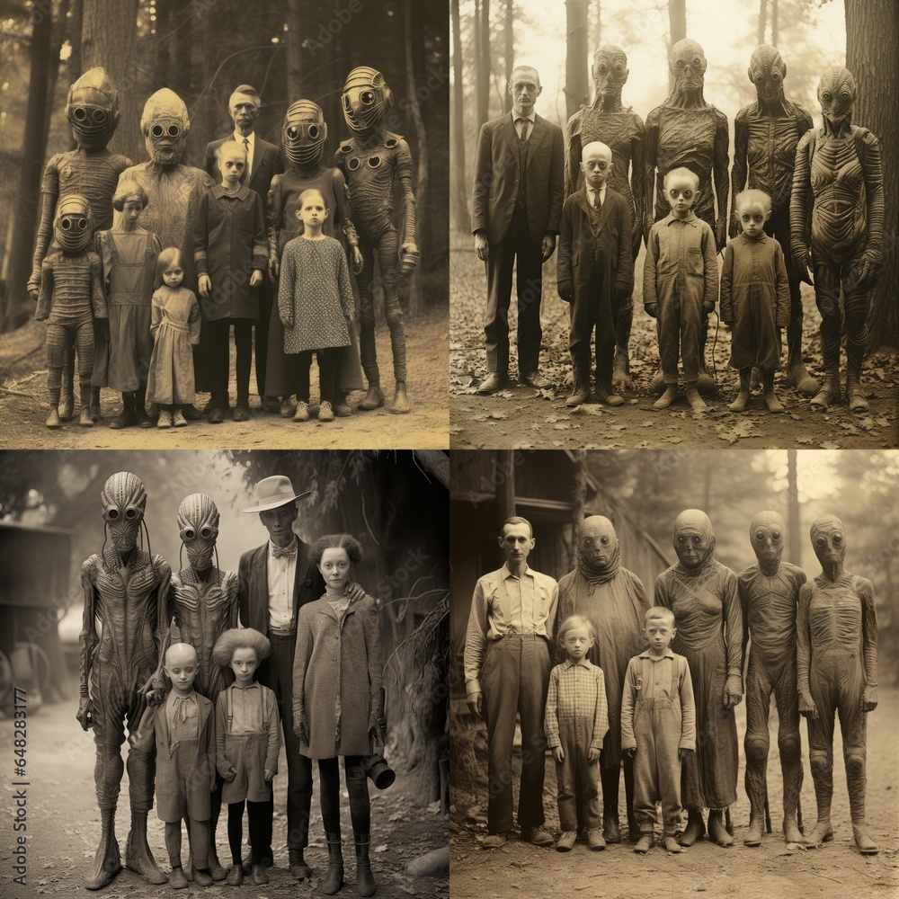 Set of realistic black and white photographs of a family of several ...