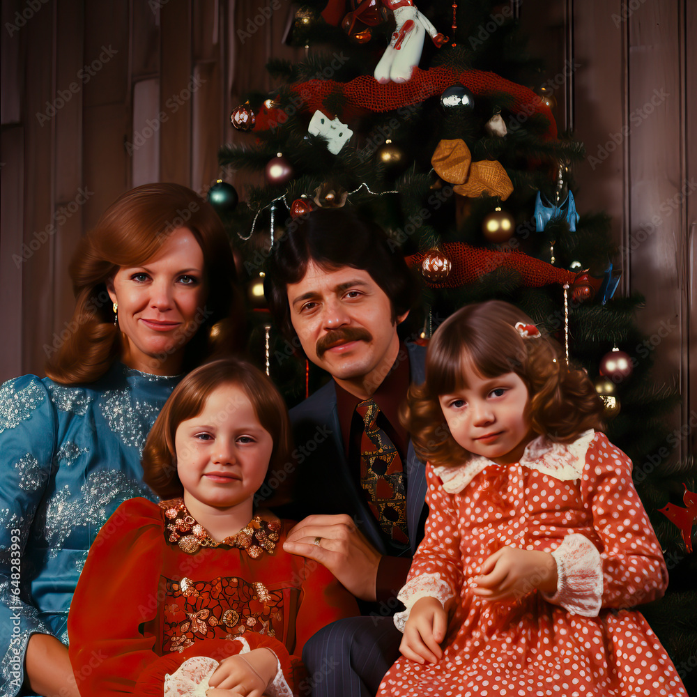 A family portrait at Christmas in the 1970s. Retro photo of the whole ...