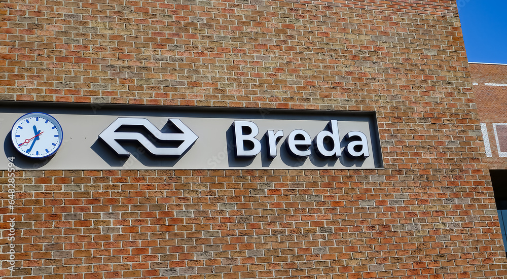 Breda, Netherlands - August 30. 2023: Red brick wall with logo ...
