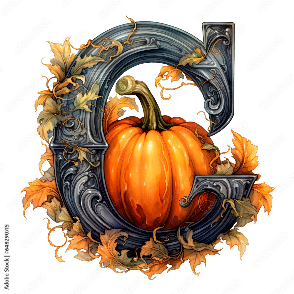 Watercolor alphabet. Autumn Halloween letter G with pumpkins and fall ...
