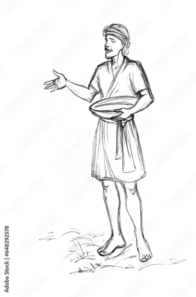 Pencil drawing. The ancient sower sows the field Stock Photo | Adobe Stock