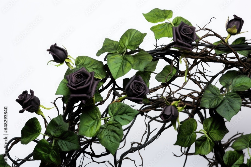 black roses. ivy, vines, thorns green leaves. white background. good ...