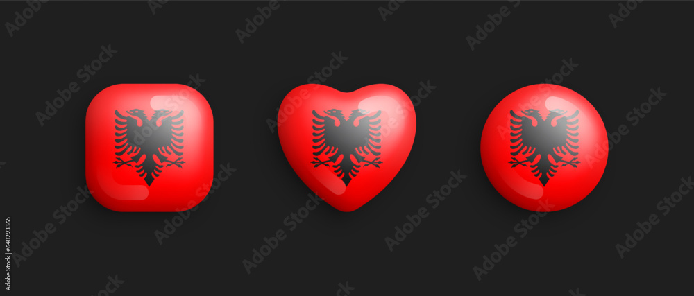 Albania Official National Flag 3D Vector Glossy Icons In Rounded Square ...