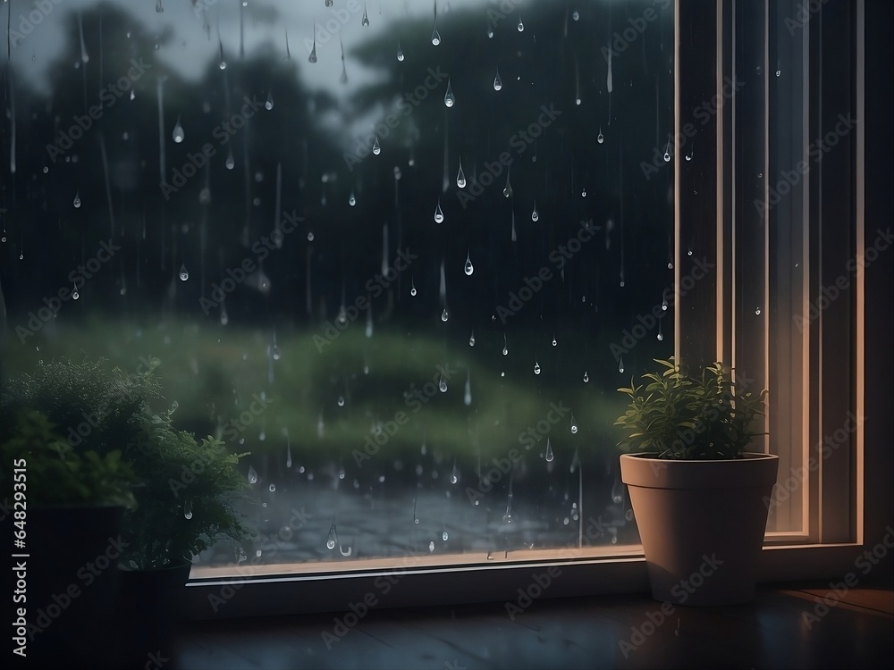 Raindrops on transparent glass window. Heavy rain storm over dark blue ...