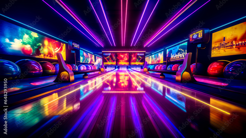Brightly lit bowling alley with bowling lanes and bowling balls on the ...