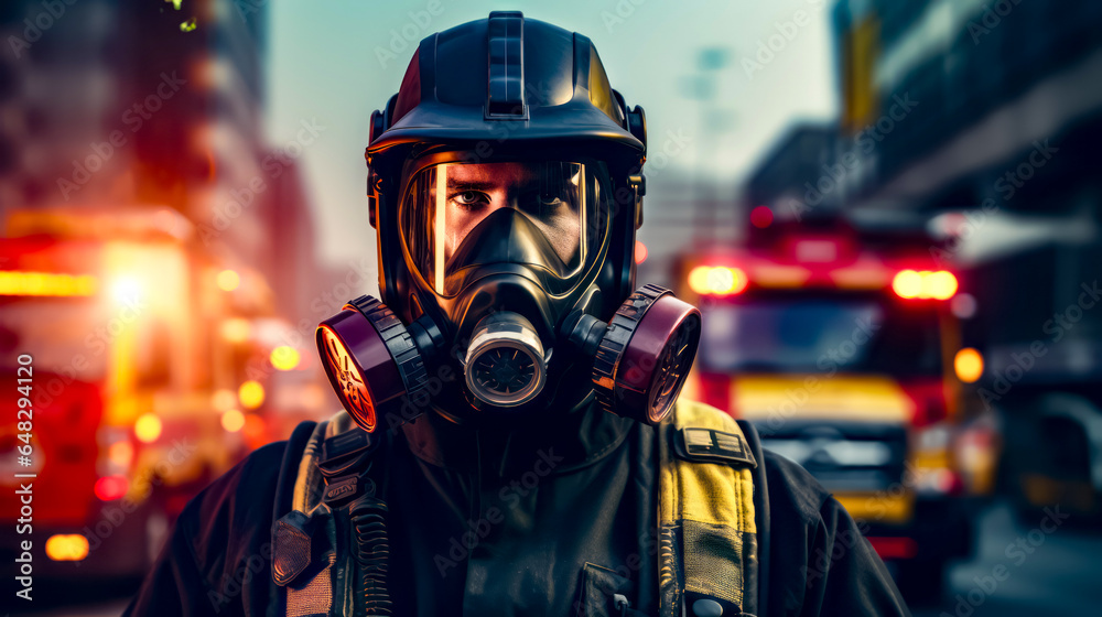 Man wearing gas mask and firefighter's helmet on city street. Stock ...