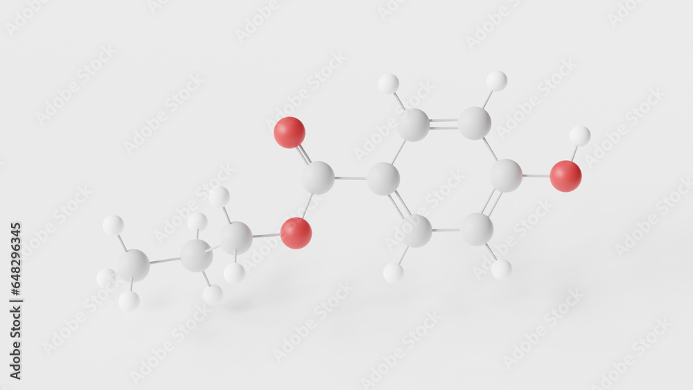 propylparaben molecule 3d, molecular structure, ball and stick model ...