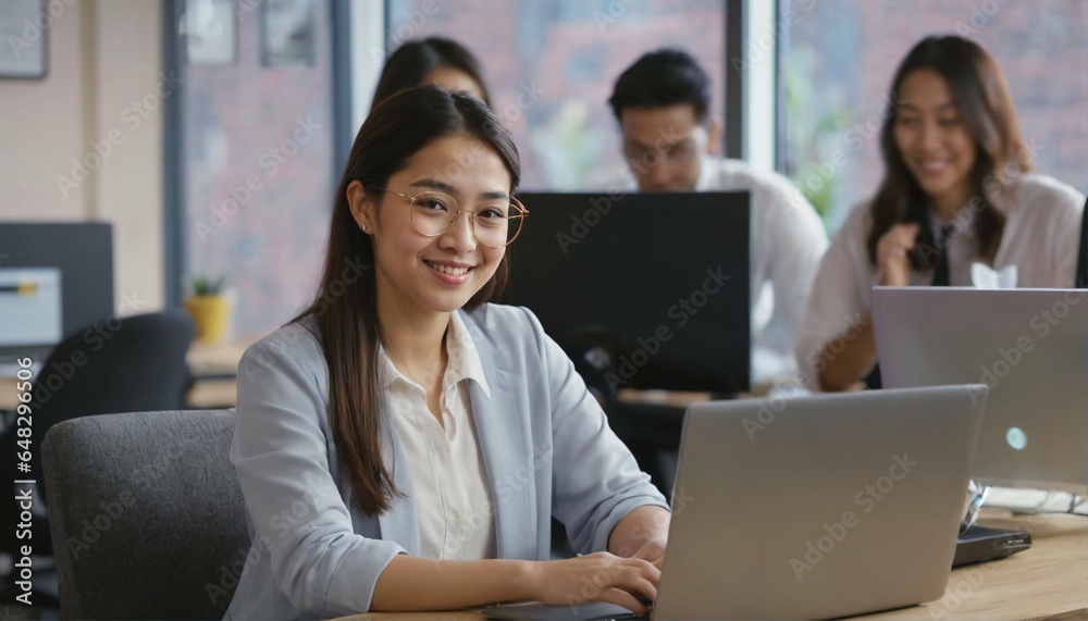 Office background with an Asian office girl working on her laptop ...