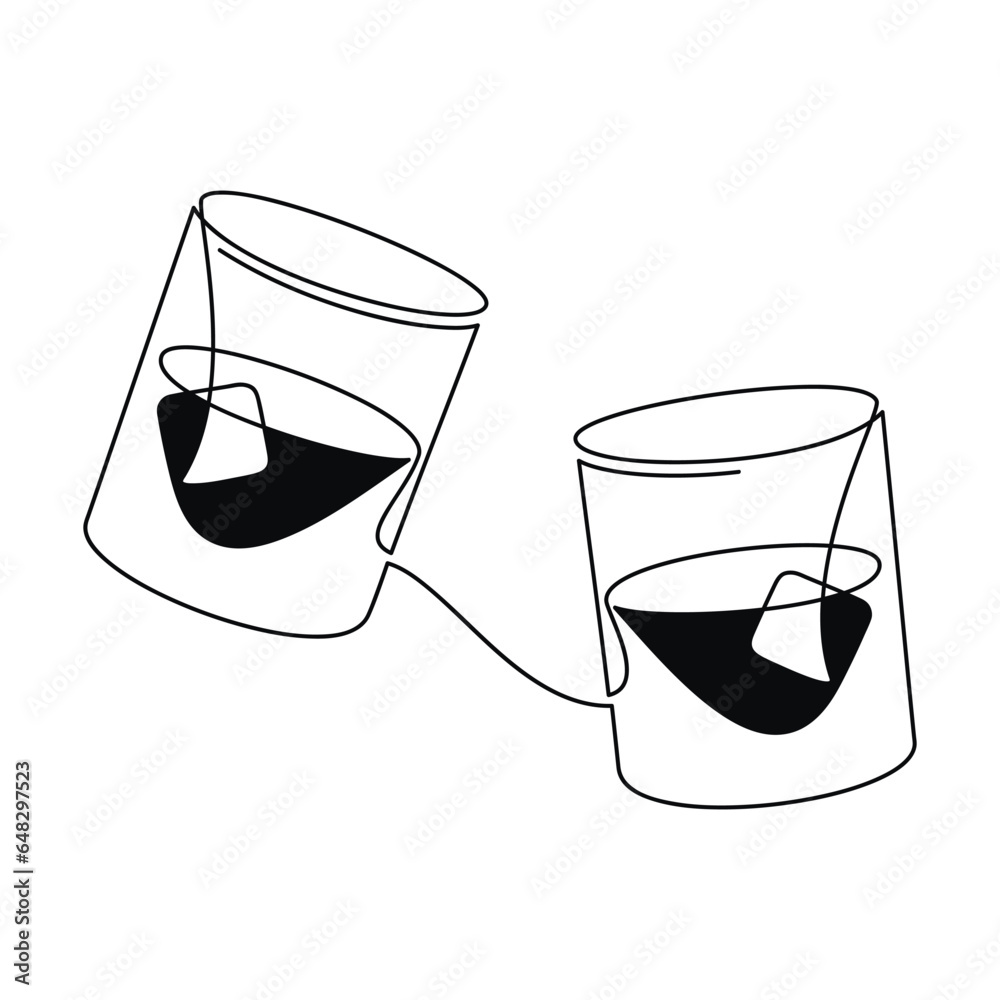 Two whiskey glasses on the rocks line continuous drawing. Bourbon ...