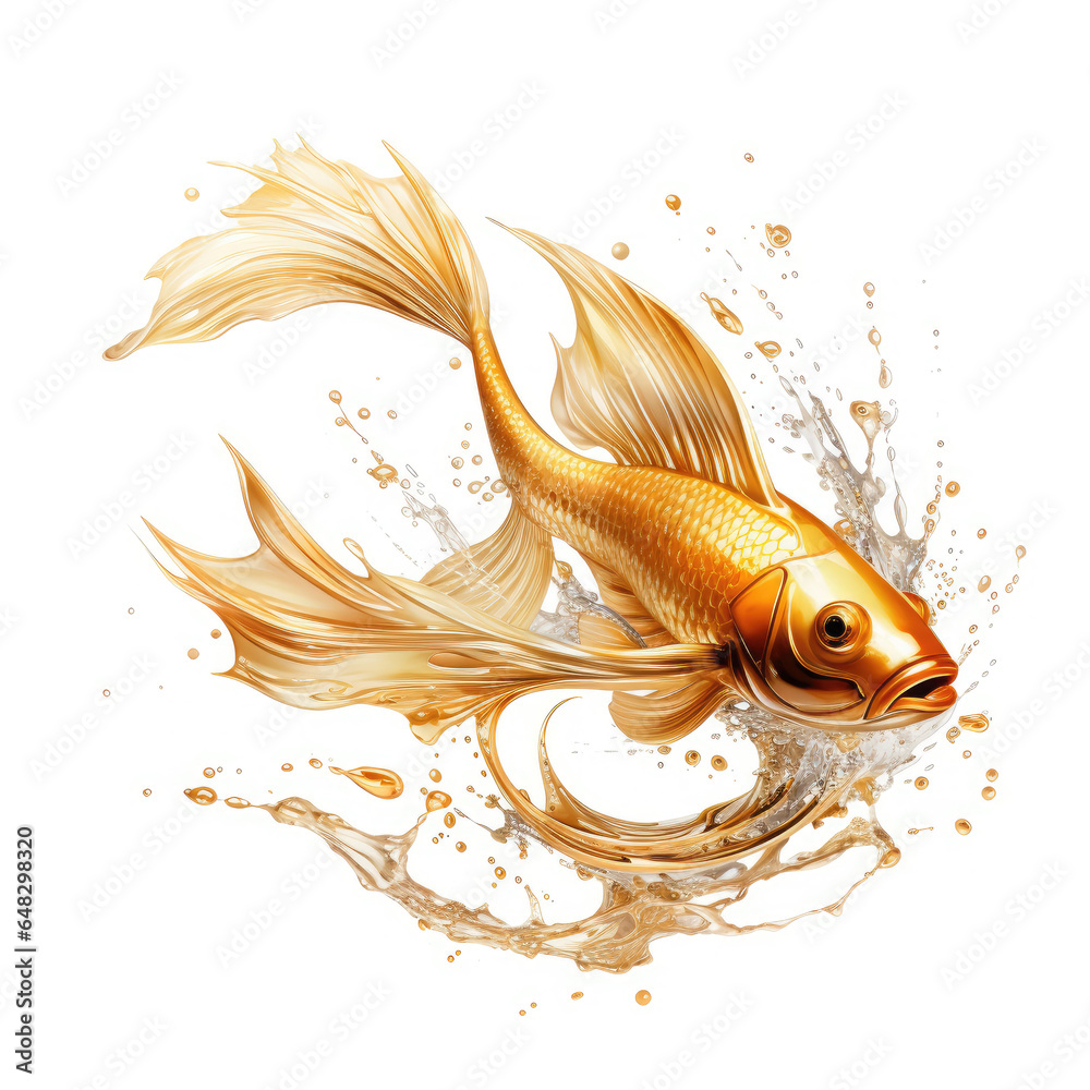 Golden aquarium fish surrounded by water splashes on a white background ...
