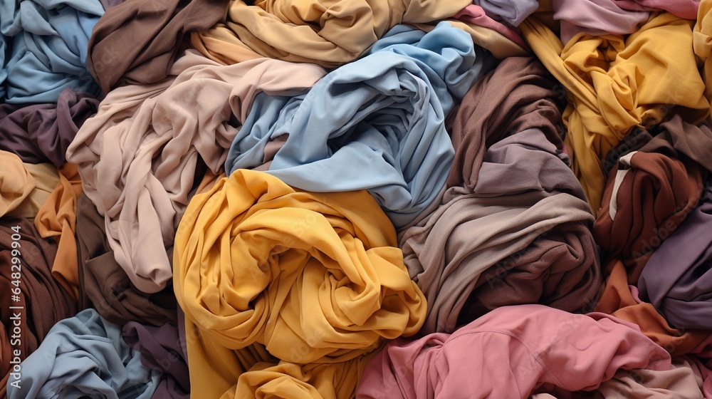 large pile stack of textile fabric clothes. concept of recycling, up ...