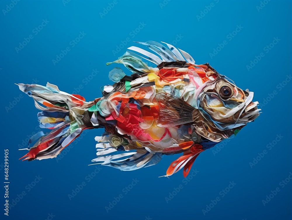 Fish made of waste plastic trash swimming in the sea, concept of water ...