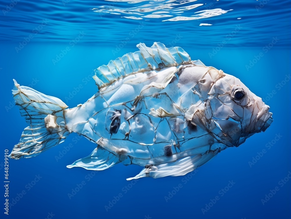 Fish made of waste plastic trash swimming in the sea, concept of water ...