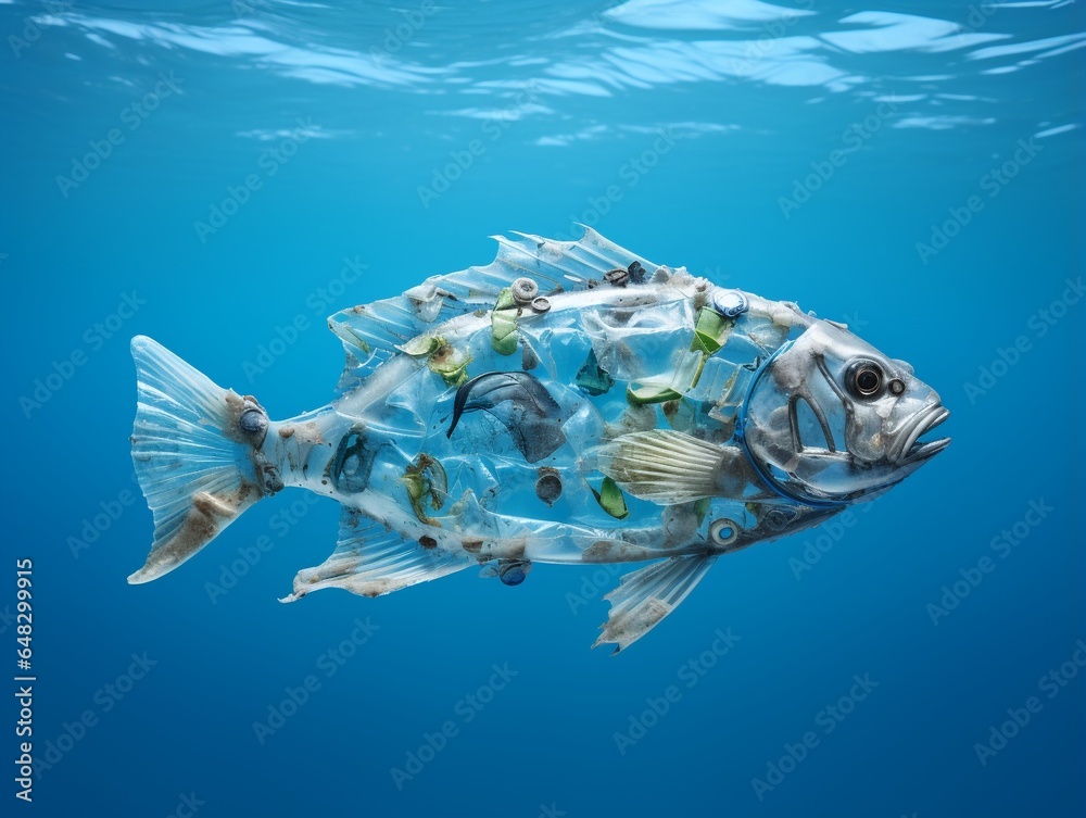Fish made of waste plastic trash swimming in the sea, concept of water ...