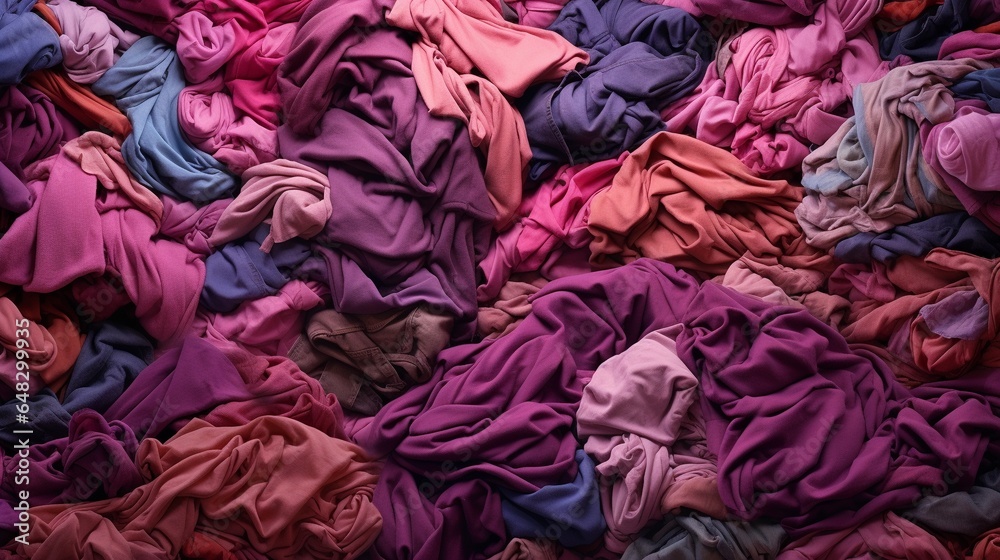 large pile stack of textile fabric clothes. concept of recycling, up ...