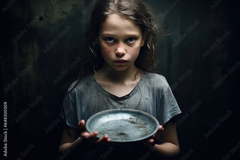 a young child holding a empty plate. sad hunger orphan girl. poverty ...
