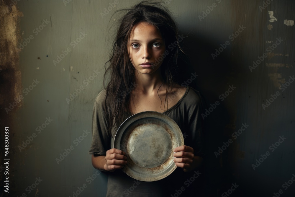 a young child holding a empty plate. helping the needy concept. poverty ...