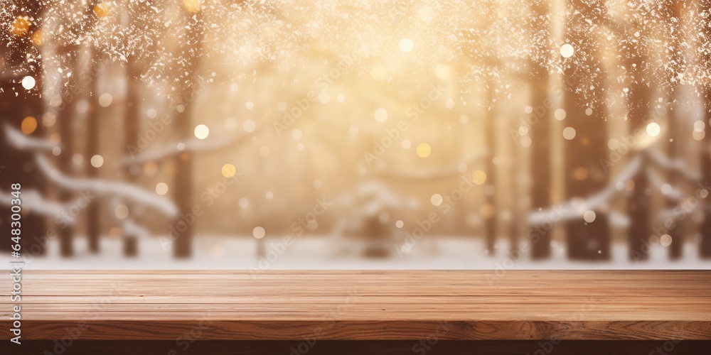 Empty wooden table on white blurred window with snowy Christmas trees ...