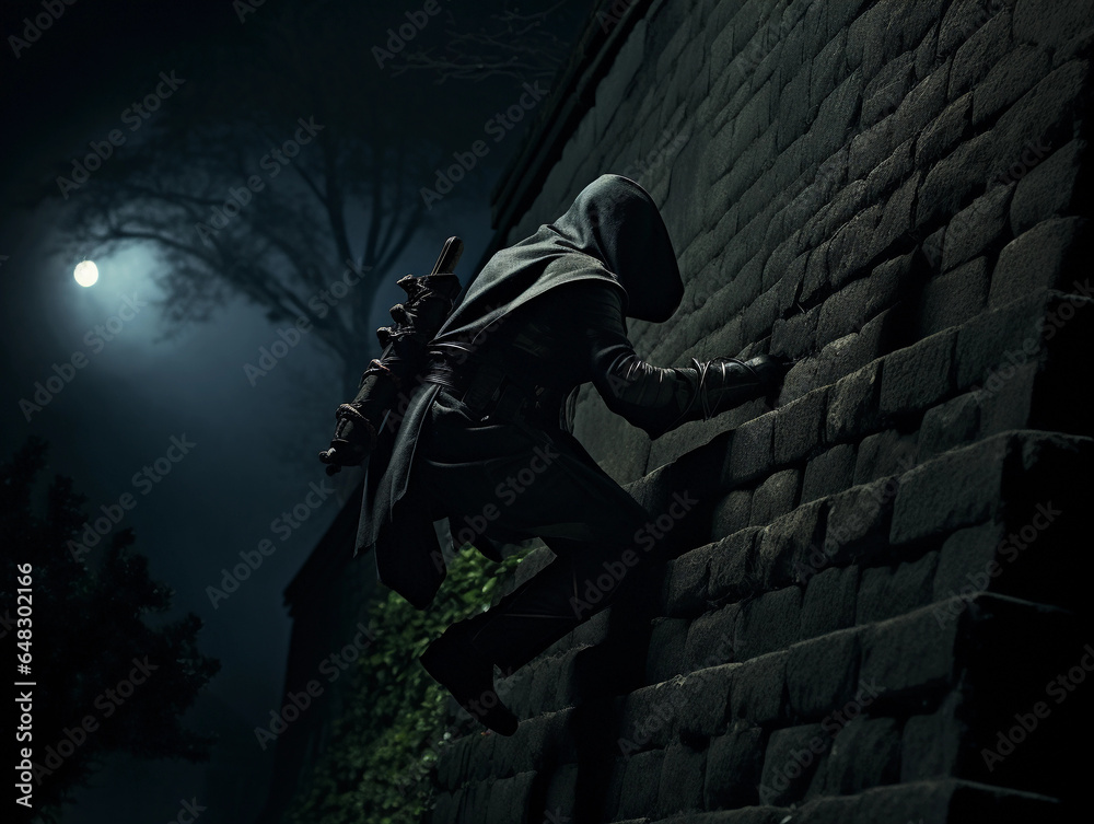 Japanese Ninja stealthily scaling a castle wall at night, moon ...