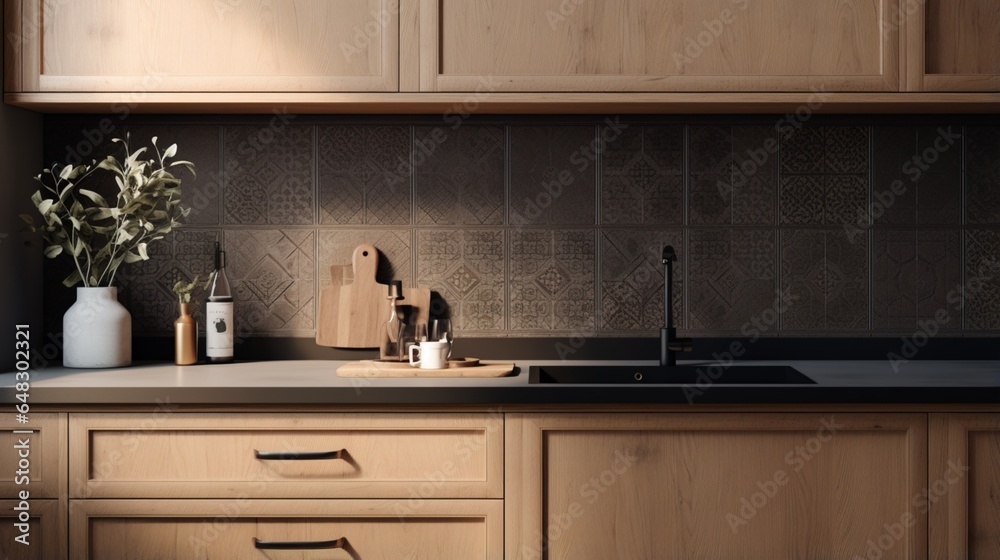 Black granite worktops, a kitchen sink with a gorgeous pattern tiled ...