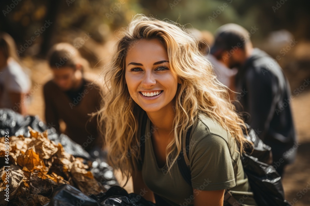 A diverse group of young people and volunteers are removing garbage and ...