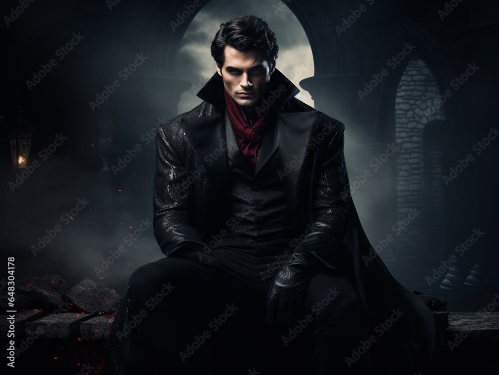 Handsome scary male vampire with fangs, in black fancy suit, sitting in ...