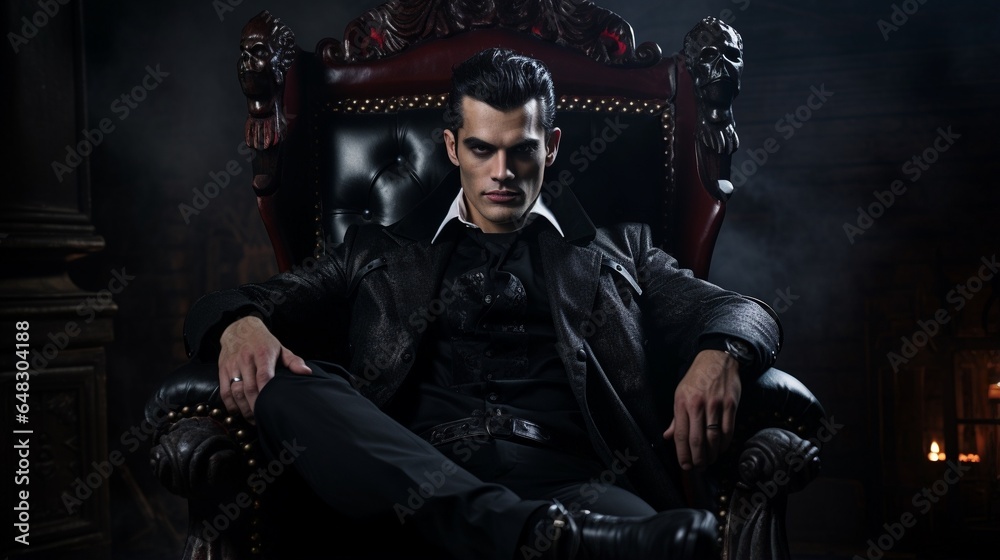 Handsome scary male vampire with fangs, in black fancy suit, sitting in ...