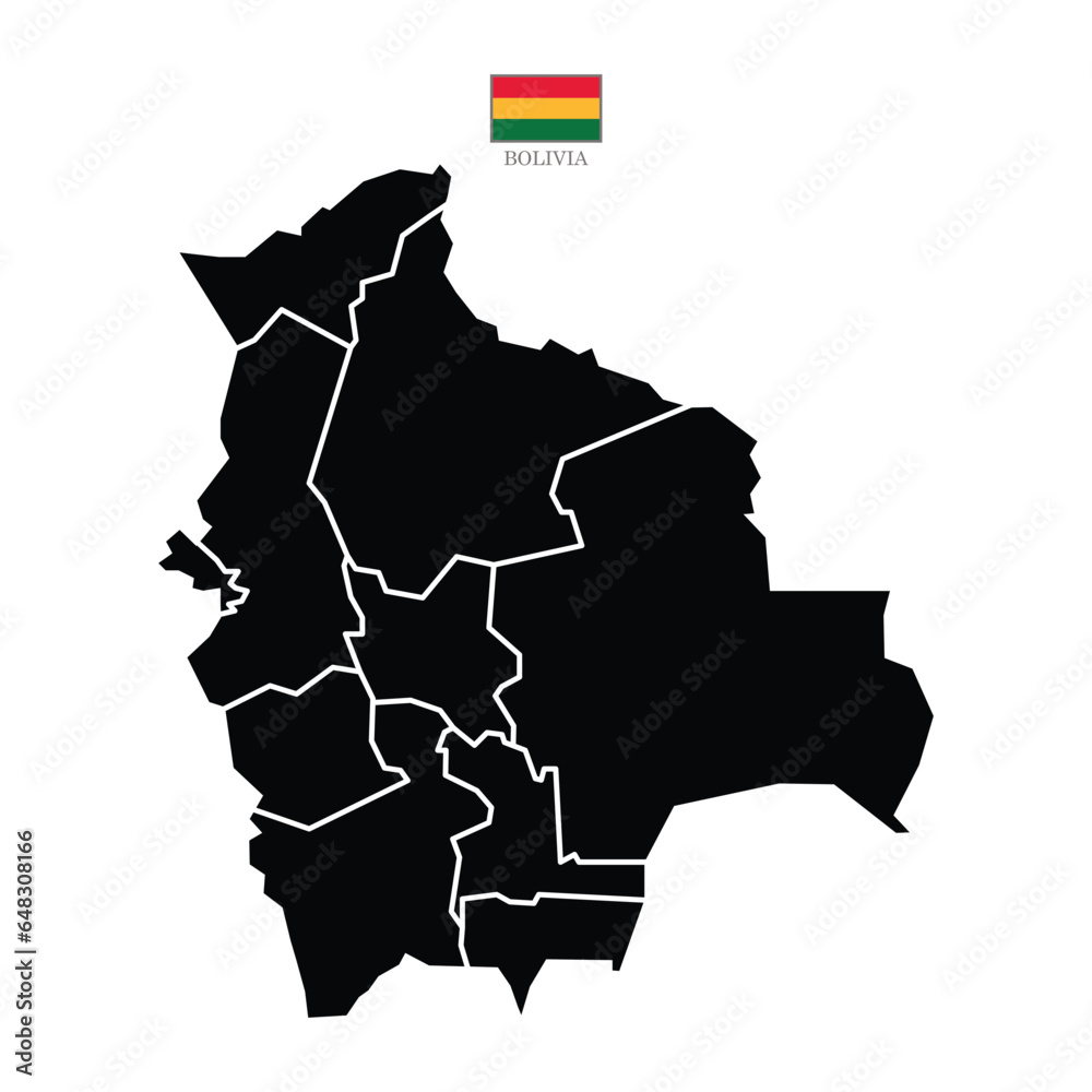 Bolivia contour vector map with state, black-white, flag in color ...