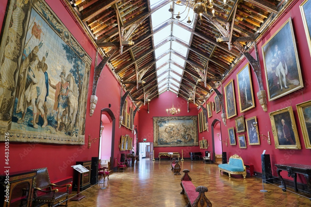 Great Hall at Kilkenny Castle, with tapestries and paintings, a ...