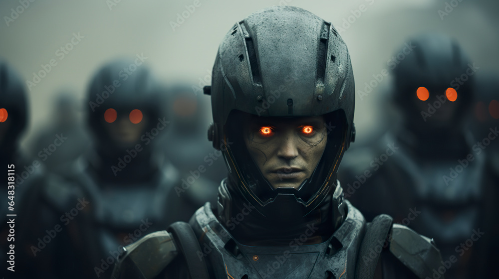 Abstract illustration of an army of alien soldiers wearing dark ...