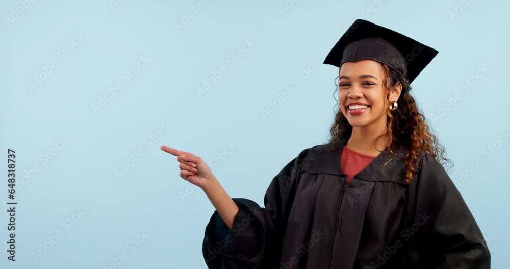 Happy woman, graduate and student pointing at studio news, university ...