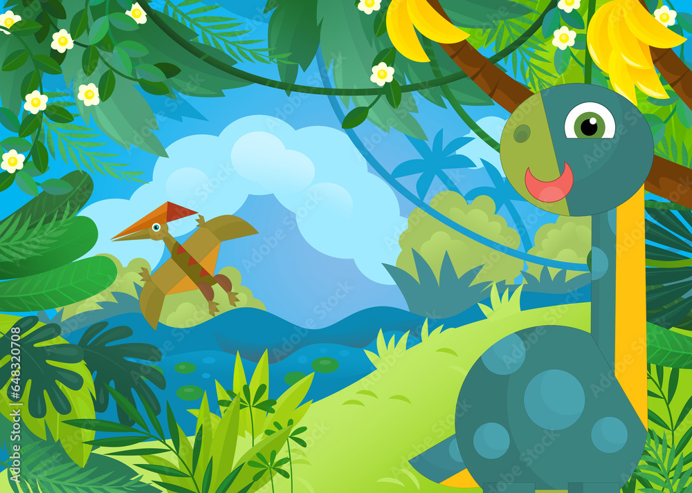 cartoon scene with happy prehistoric dinosaur living in the jungle ...