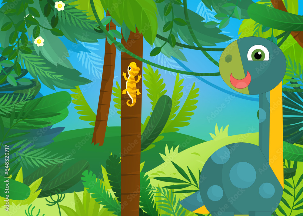 cartoon scene with happy prehistoric dinosaur living in the jungle ...