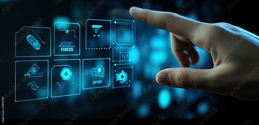 This image depicts a human hand interacting with a futuristic blue ...