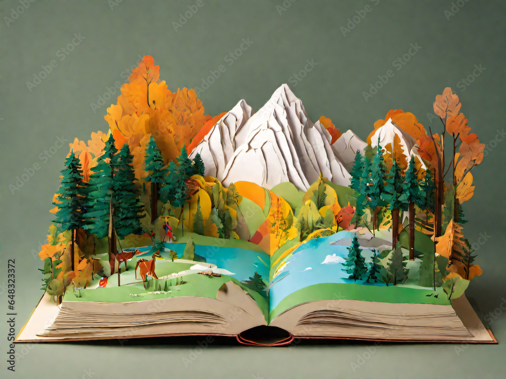 an open book with a picture of a mountain and trees on it, paper craft ...