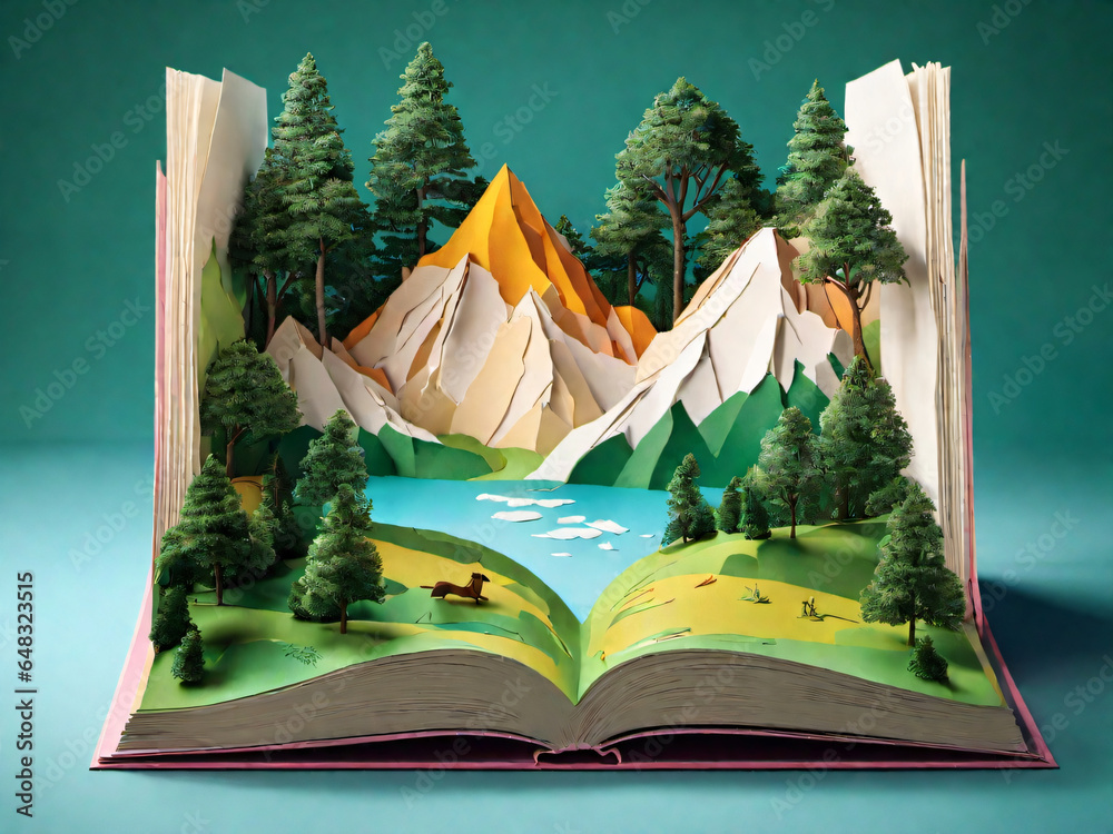 an open book with a picture of a mountain and trees on it, paper craft ...