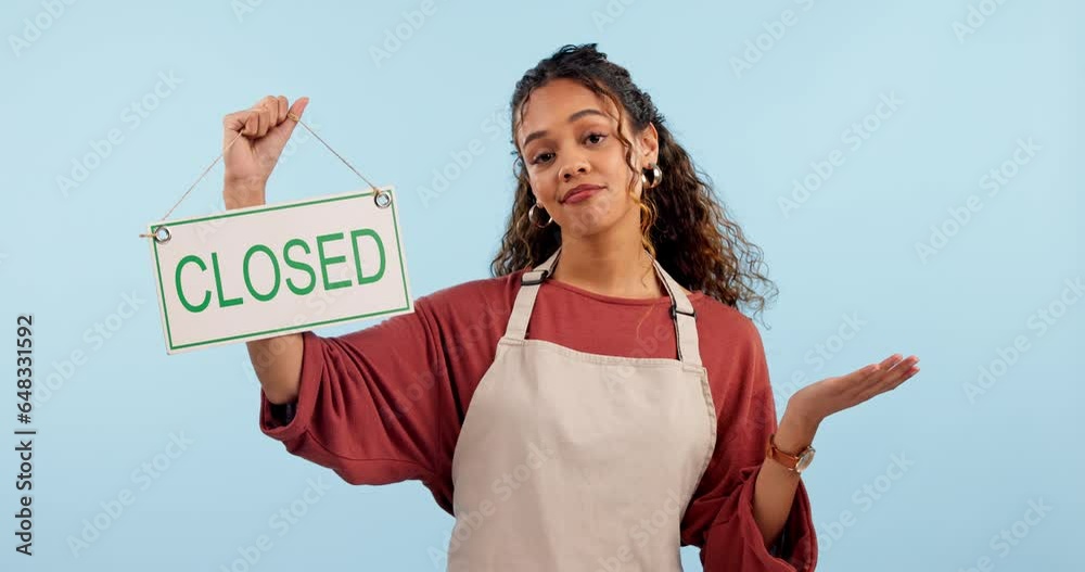 Woman, waitress and closed sign with hand gesture of restaurant, cafe ...