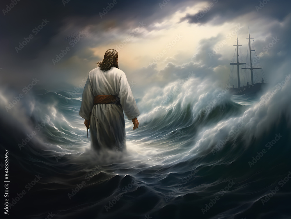 Jesus Christ walking on water across the sea towards a boat. Stock ...