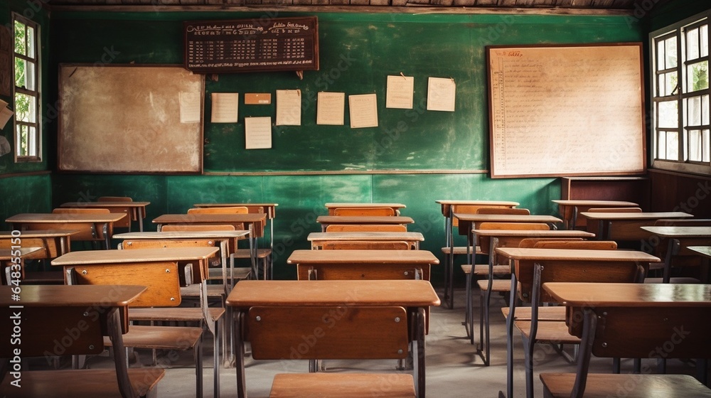 Generative AI : School classroom with desks chair wood, and blackboard ...