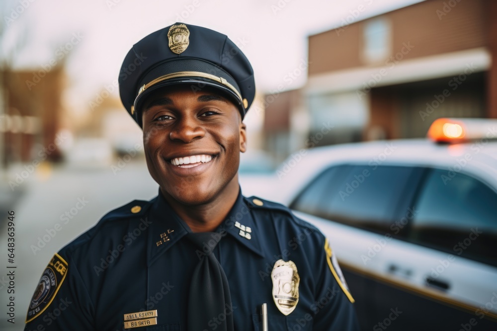 Smiling portrait of a happy male african american police officer in a ...