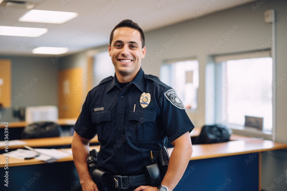 Smiling portrait of a happy male caucasian police officer in a police ...