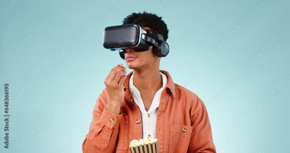 Popcorn, VR or man in studio for a movie with snack for watching tv or ...