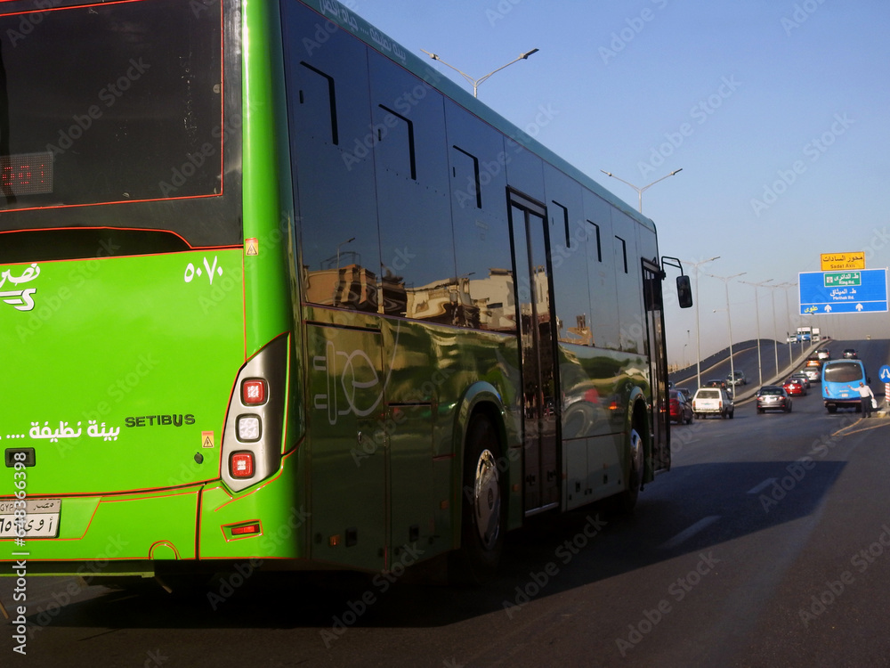 Cairo, Egypt, September 10 2023: The green bus for mass transit ...