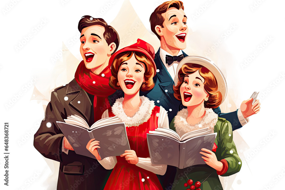 family singing christmas carols together vintage illustration isolated ...