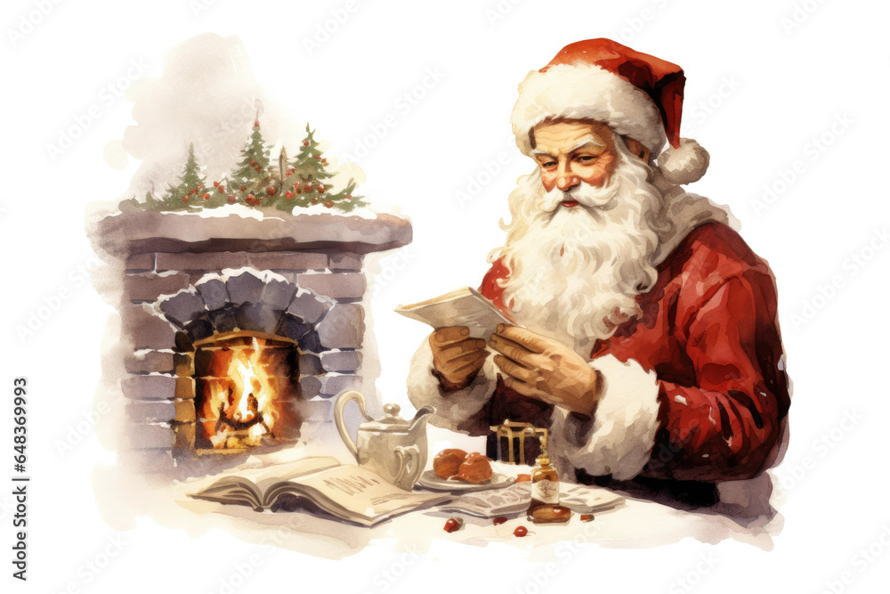 santa drinking hot cocoa by the fire vintage illustration isolated on a ...