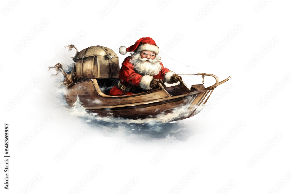 santa speeding over the ocean in a boat vintage illustration isolated ...