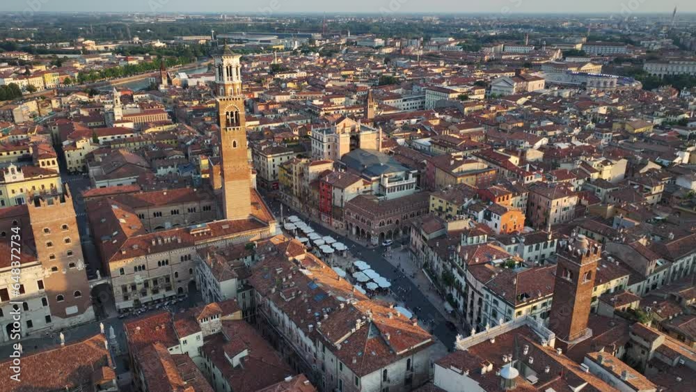 Verona urban skyline, aerial view of Piazza delle Erbe, Torre dei ...